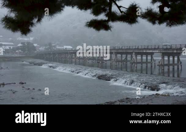 Japan Winter Scene, Togetsu-kyo Bridge after snow in Arashiyama Stock ...