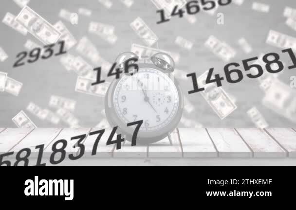 Animation of ticking numbers over flying dollar bills and alarm clock ...