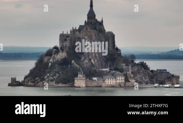Aerial view castle in the water Mont Saint Michel. Located in the bay ...
