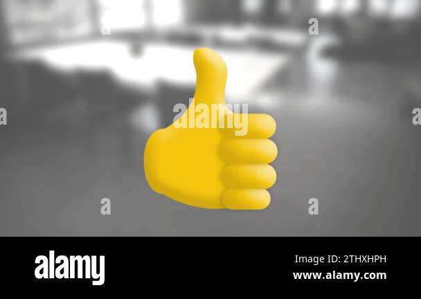 Animation of yellow thumbs up like symbol over empty office. Global ...