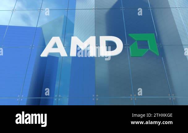 AMD logo in glass office building stock 3d animation only editorial use ...