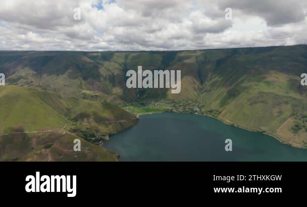 Aerial view of lake Toba is a huge volcanic lake that was formed as a ...