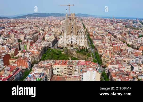 Arial view drone shooting cathedral temple Expiatori La Sagrada Familia ...