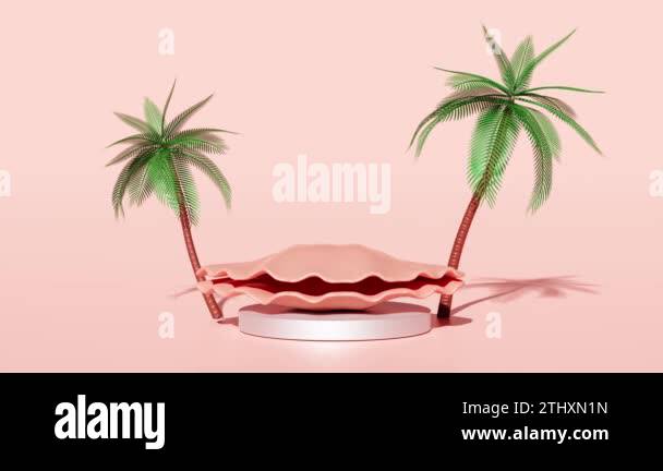 3d cylinder stage podium empty with shellfish, coconut palm tree ...