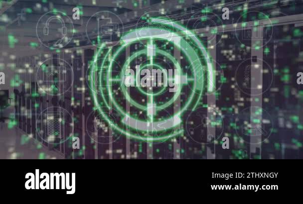 Animation of scope scanning with icons and moving columns over server room. Global technology ...