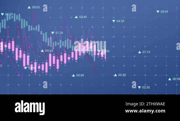 Animation of multiple graphs with changing numbers against blue background. Digitally generated ...