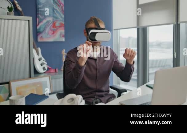 Vr programmer touching air panel at modern workplace closeup. Focused ...