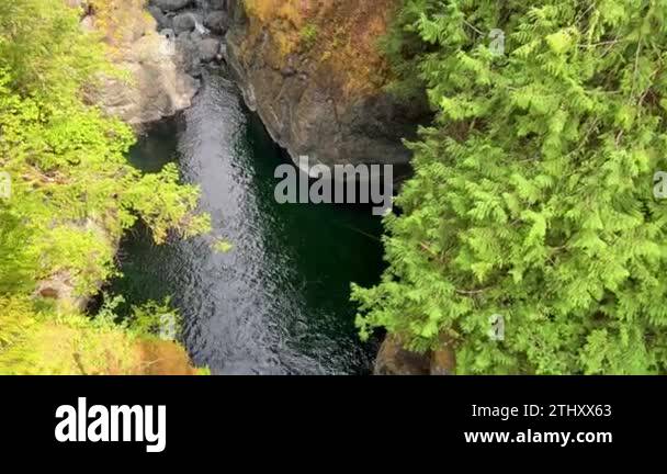 You can see a bright blue river that flows from a beautiful waterfall ...