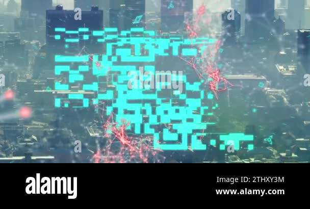 Animation of digital qr code with graphical interface loop over modern ...