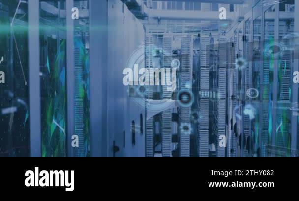 Animation of digital clock, globes, radar and computer language over server racks. Digital ...