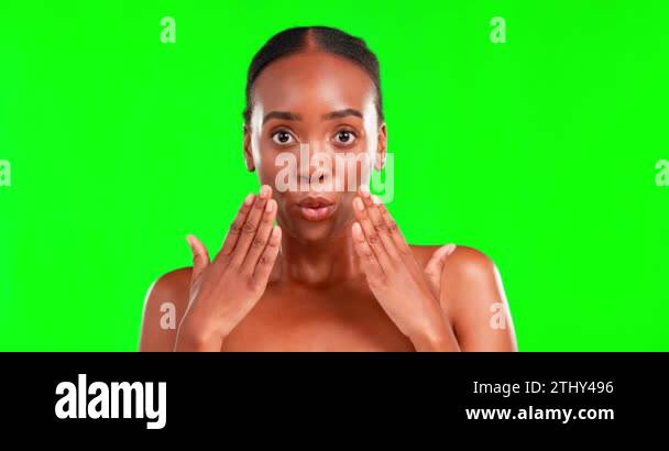 Face, green screen and black woman with beauty, surprise and happiness ...