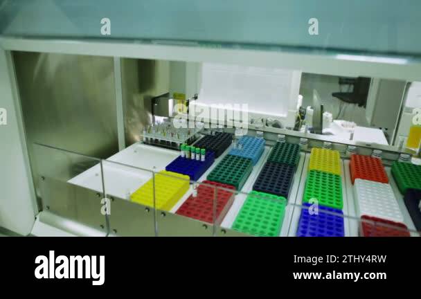 Robot Puts Medical Samples on the Conveyor. Line, Chemistry, Automated ...