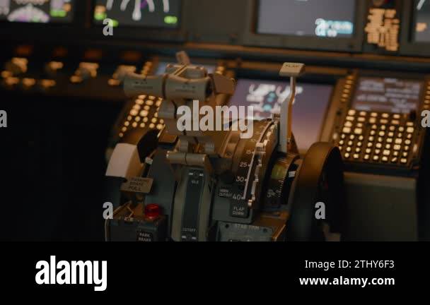No people in empty aviation cabin with engine lever on dashboard and ...
