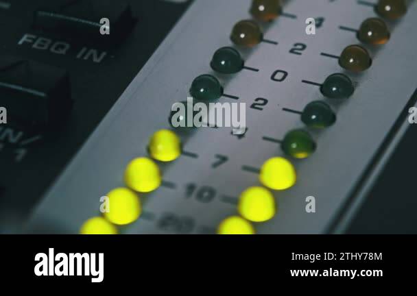 LED indicator of sound level signal on the mixing console. LED strip in ...
