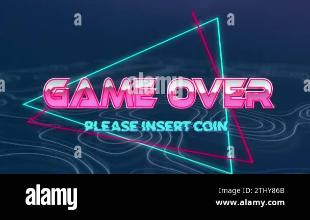 Animation of game over please insert coin text over white lines on blue ...