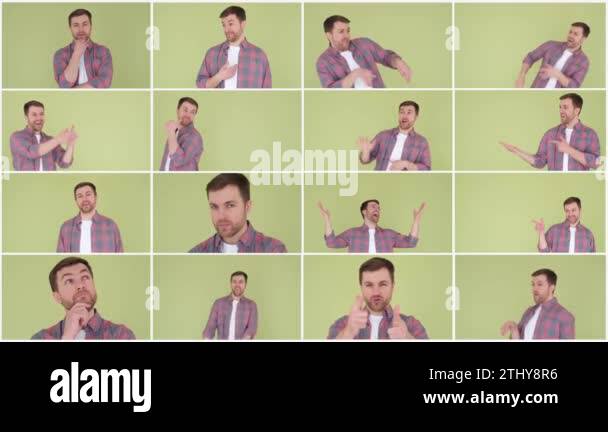 Collage of a person showing different gestures, smiling while posing ...