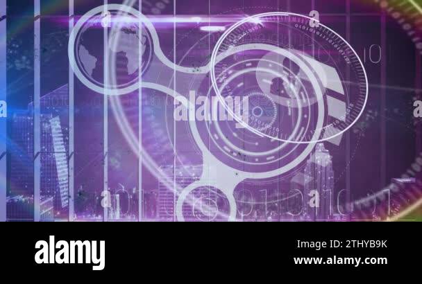 Animation of flare, digital circles with globe, profile icons and ...