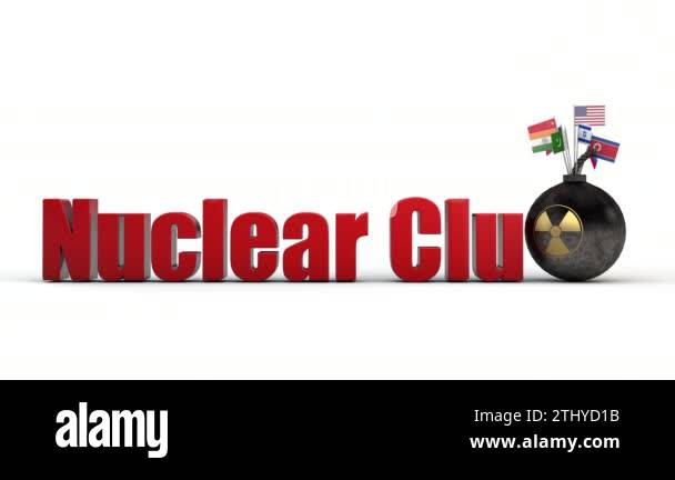 Loop 3d animation of the red text "Nuclear Club" and an old bomb with ...