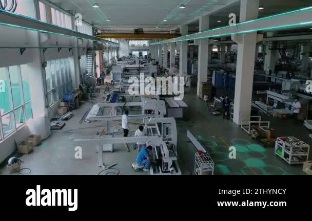 Workshop of a modern factory. Flight through the workshop of a modern ...