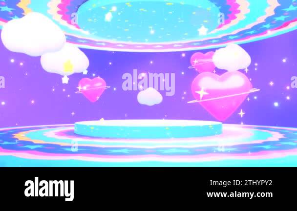 Looped cartoon magic heart planets center with clouds, stars, and ...