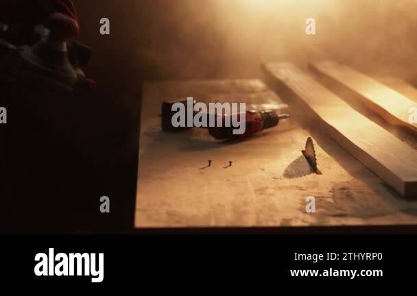 Craftsman workplace. Joinery hobby. Carpentry work. Workman hands in ...