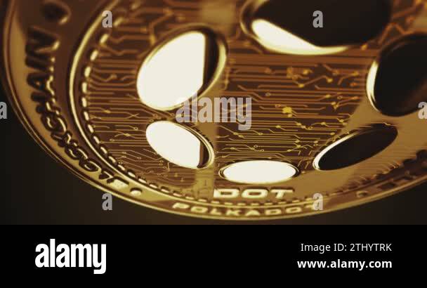 Polkadot DOT cryptocurrency golden coin turning. camera rotates around ...