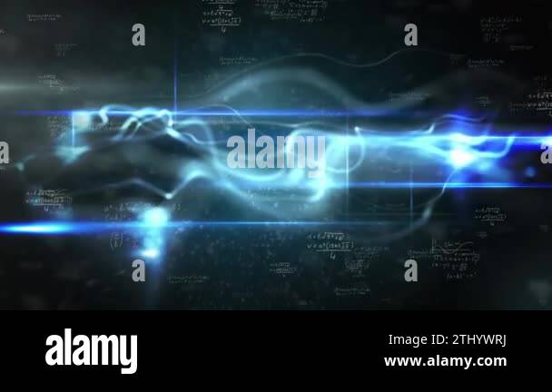 Animation of illuminated smoke pattern moving with mathematical formulas on black background ...
