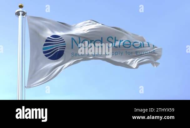 Greifswald, GER, September 2022: Flag with the Nord Stream logo waving ...