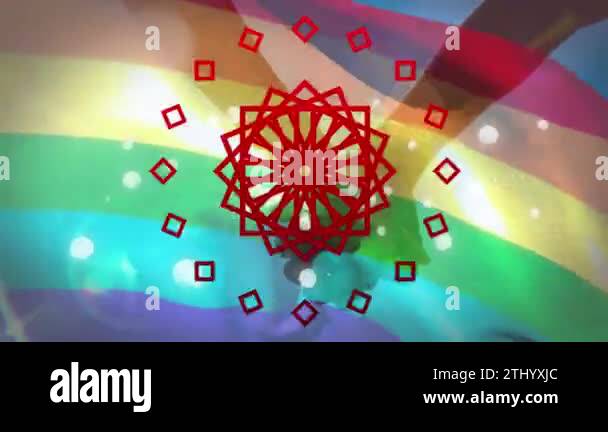 Animation of level up text with red shapes over lgbt flag and people ...