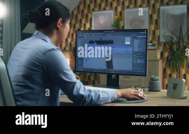 Female 3D designer creating 3D model of gun and making graphic using ...