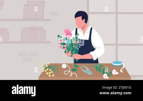 Animated flower dealer illustration. Floral arrangement workshop ...