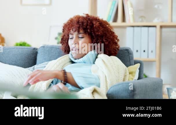 Flu, sick or cold woman sneezing, blowing and wiping her runny nose ...