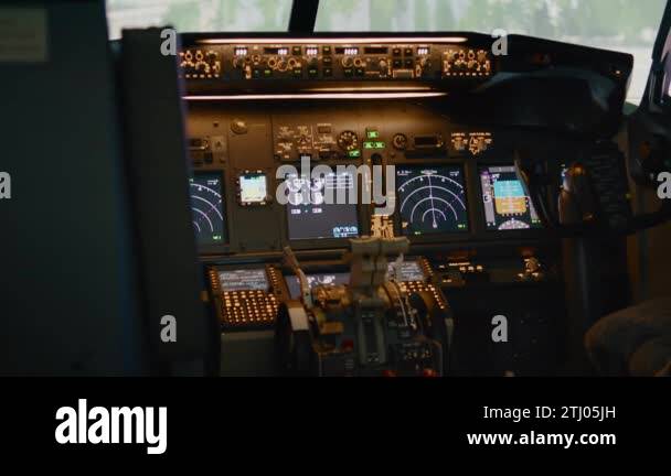 Empty airplane cockpit with dashboard and control panel command ...