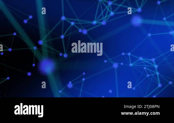 Plexus of abstract blue and violet geometrical lines with moving triangles and dots on a black ...