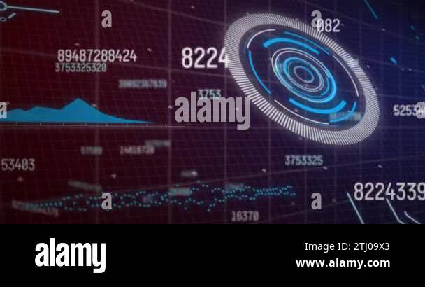 Animation of changing numbers, round scanner, statistical data processing against purple ...