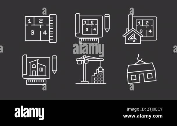 Architecture white line animations. Construction project. Building ...