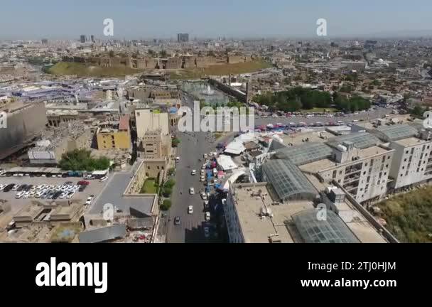 An aerial shot of the city of Erbil showing the ancient Erbil Citadel ...