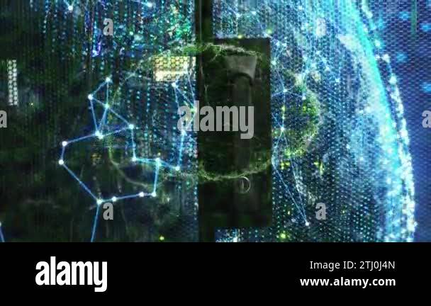 Animation of digital brain, globe, computer monitor and dots connecting ...