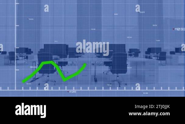 Green line graph and processing data over computers on desks and chairs ...