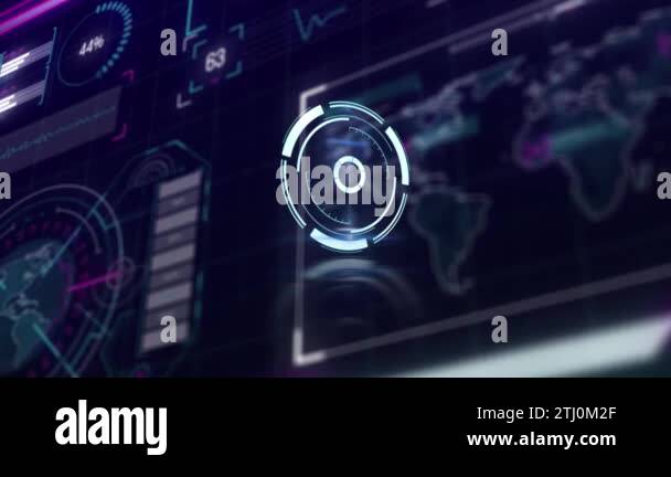 Animation of neon round scanner over digital interface with data processing against blue ...