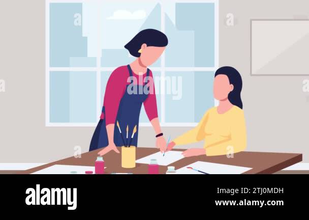 Animated art class illustration. Instructor with student. Creative ...
