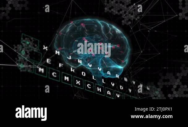 Animation of artificial intelligence text and data processing over human brain. Global ...
