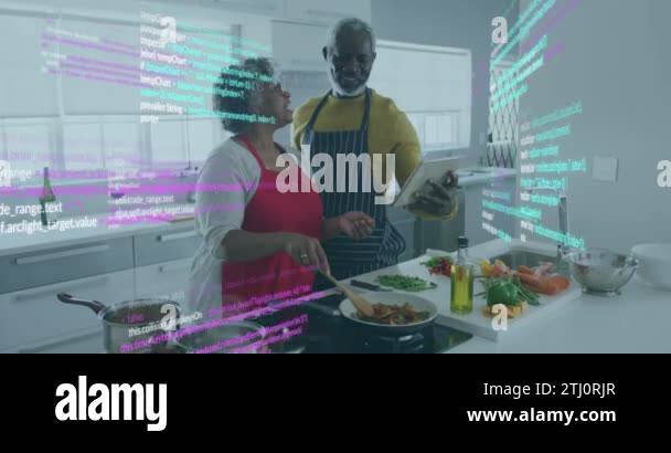 Animation of computer language over happy senior african american ...