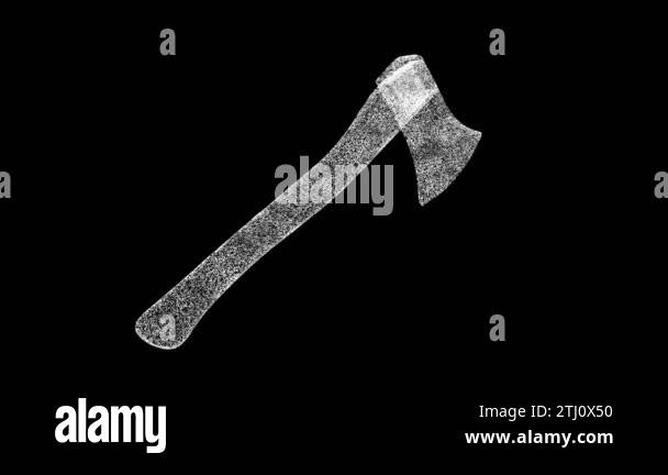 3D axe rotates on black bg. Object dissolved flickering particles. Hand ...