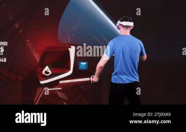 Person in virtual reality headset plays an action VR game in augmented ...