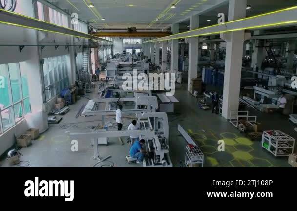Workshop of a modern factory. Flight through the workshop of a modern ...