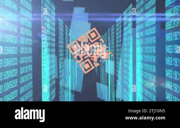 Animation of a looped orange QR code with blue squares floating over a ...