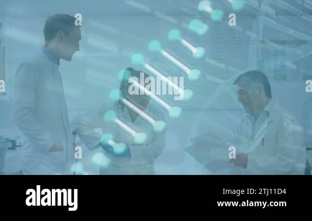 Animation of dna helix and bars over diverse scientists discussing reports in laboratory ...