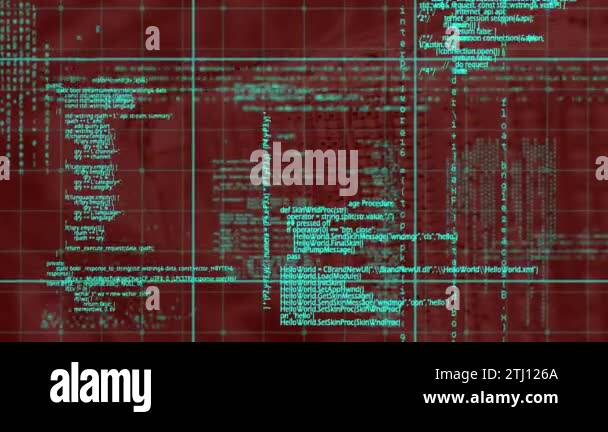 Animation of grid pattern and programming language, numbers over electronic sockets in ...