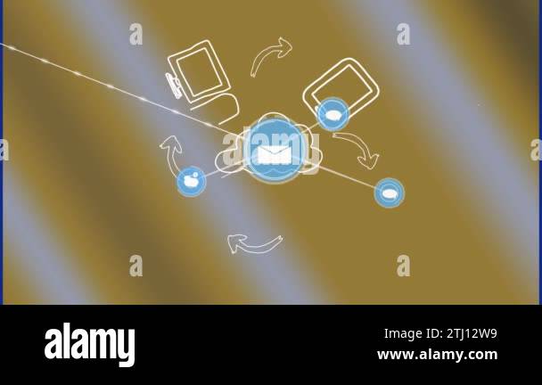 Animation of message icons connecting with lines over illustration of cloud and computer icons ...
